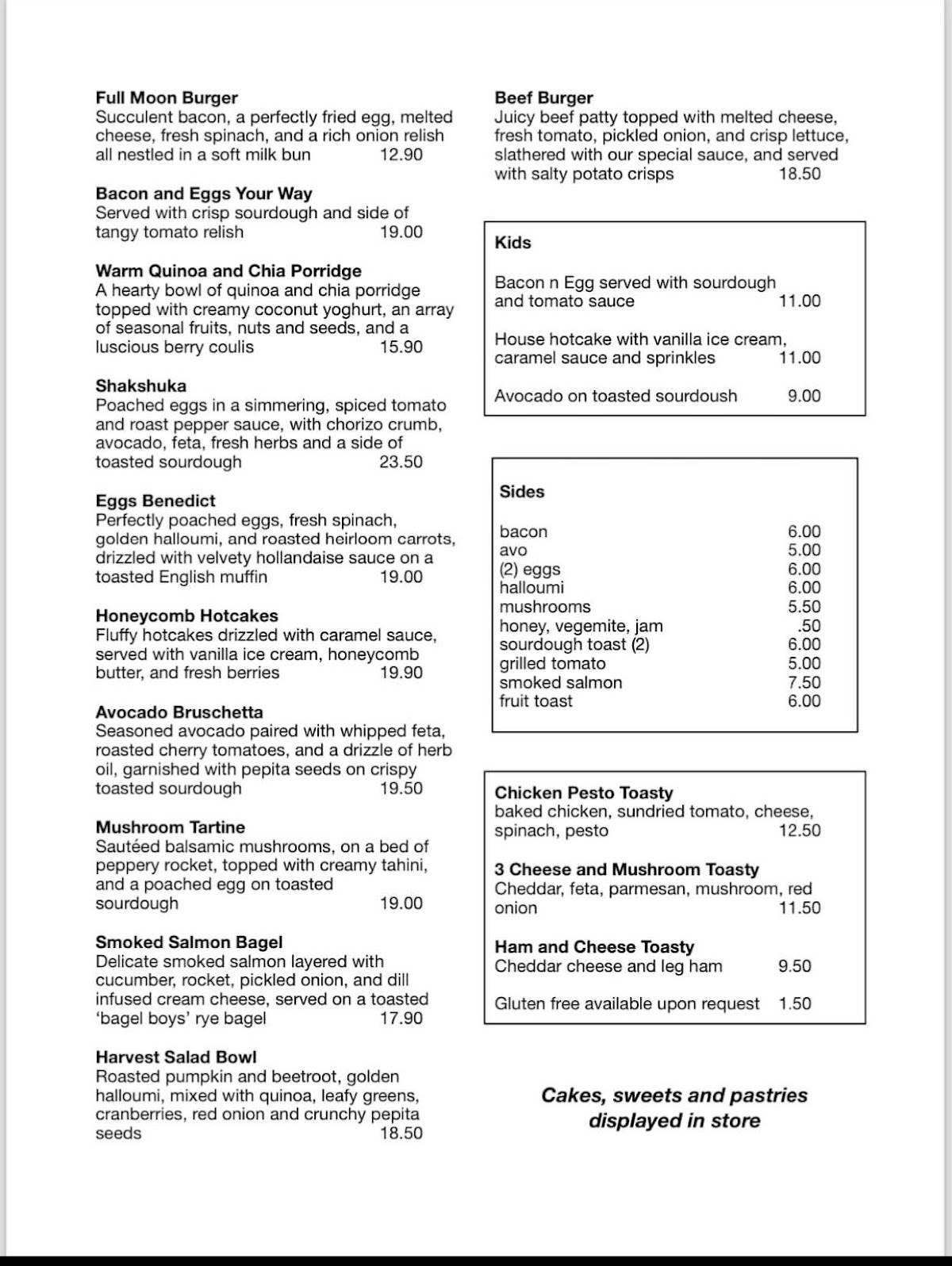 Menu at Full Moon Espresso cafe, Keperra
