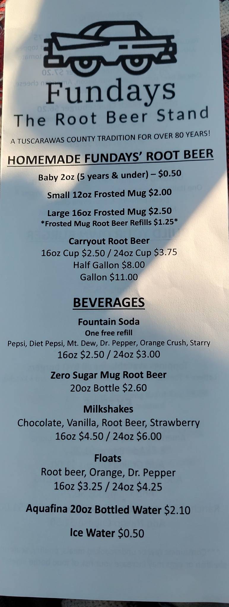 Menu at Funday's, The Root Beer Stand restaurant, New Philadelphia