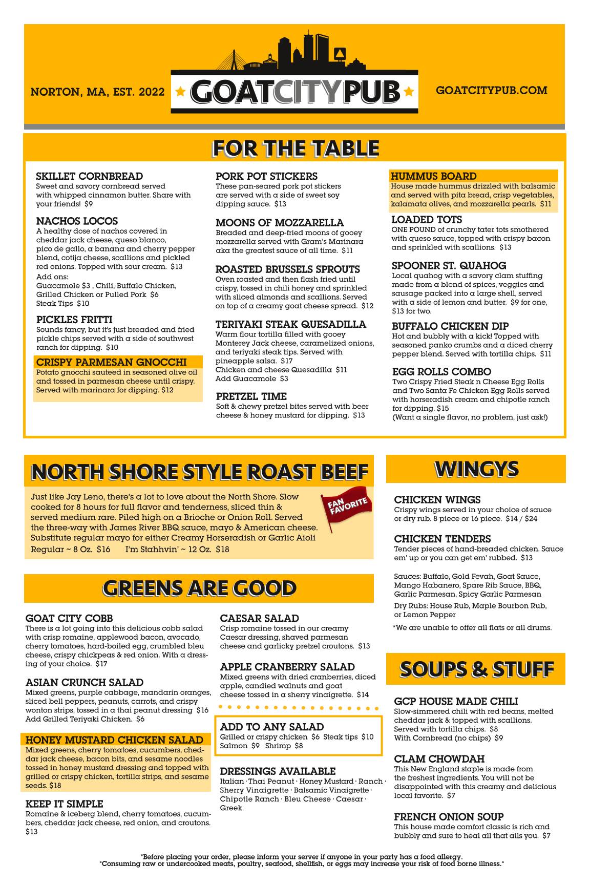 Menu at GOAT City Pub, Norton
