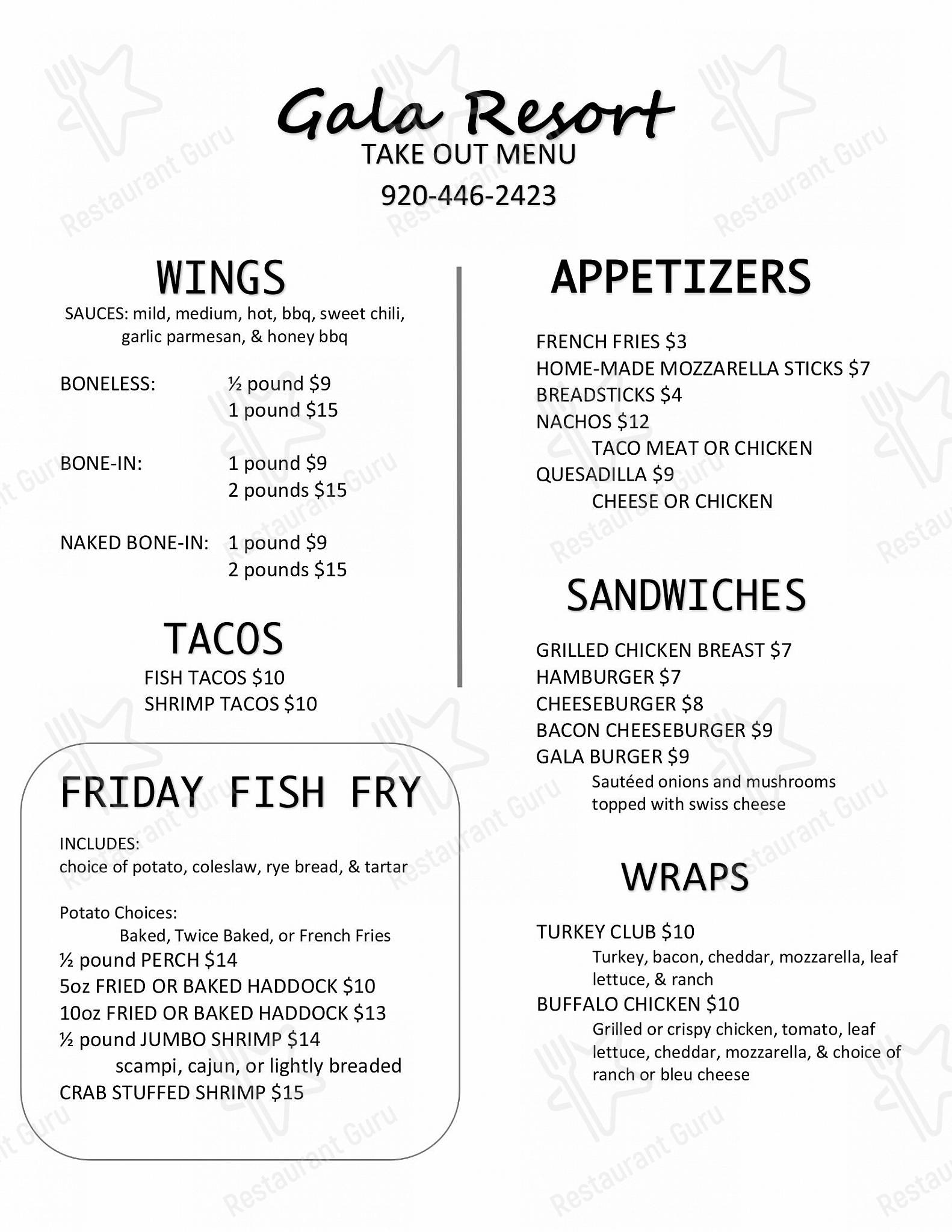 Menu at Gala Resort & Campground Inc pub & bar, Fremont
