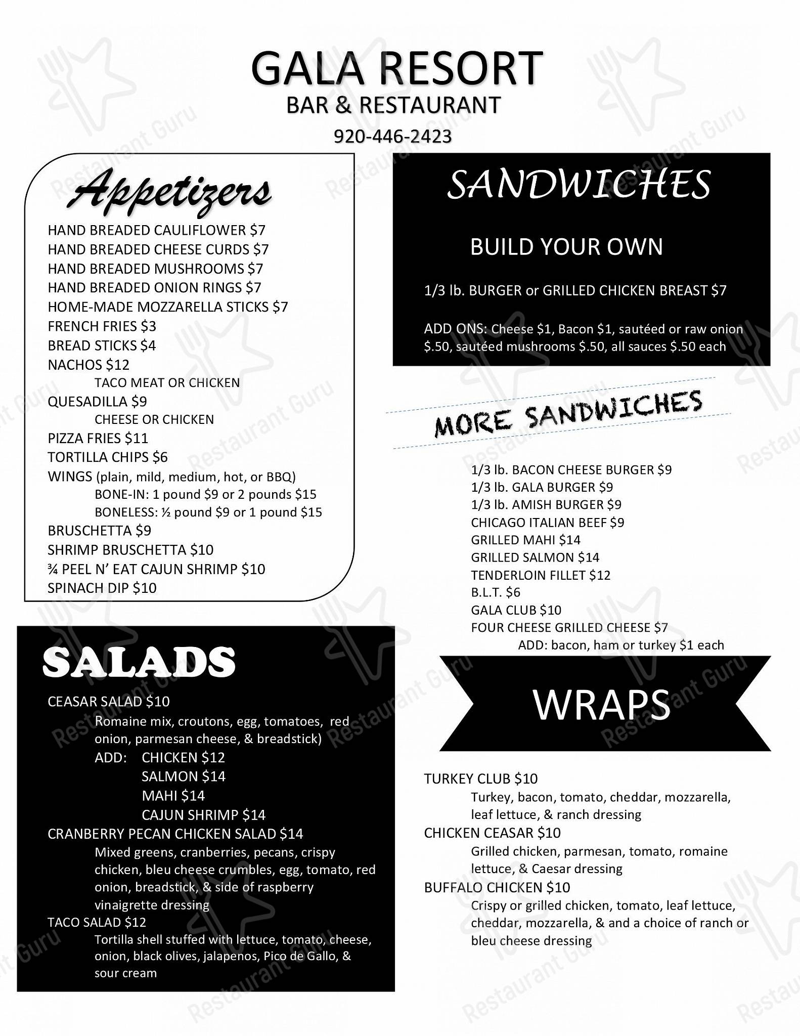 Menu at Gala Resort & Campground Inc pub & bar, Fremont