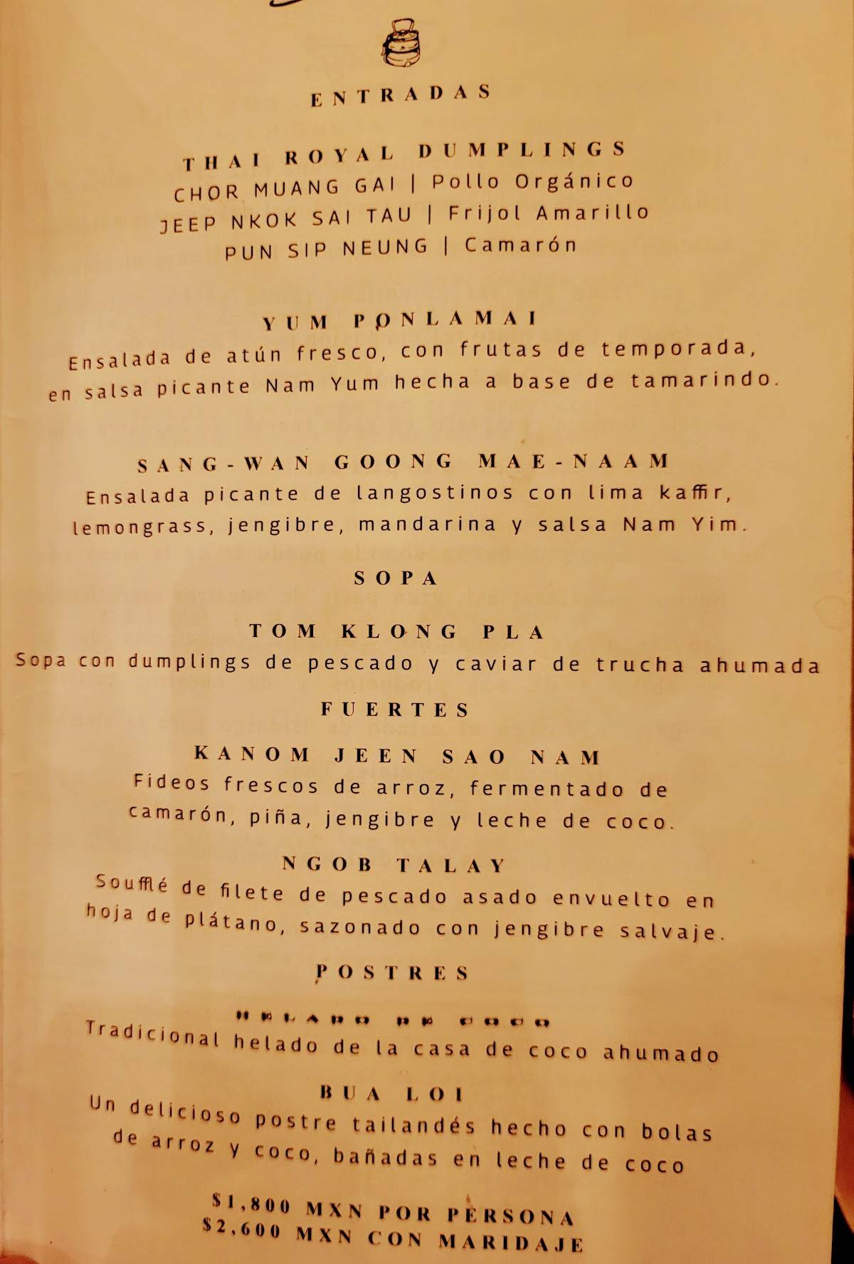 Carta del restaurante Galanga Thai House, Ciudad López Mateos