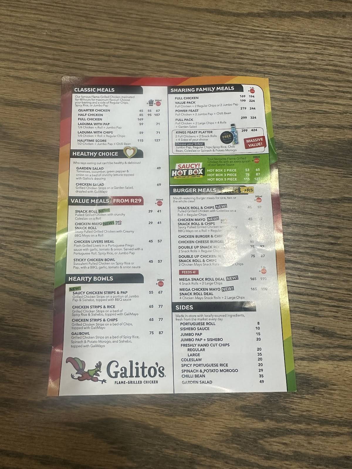 Menu at Galito's Inner Court Halaal restaurant, Johannesburg