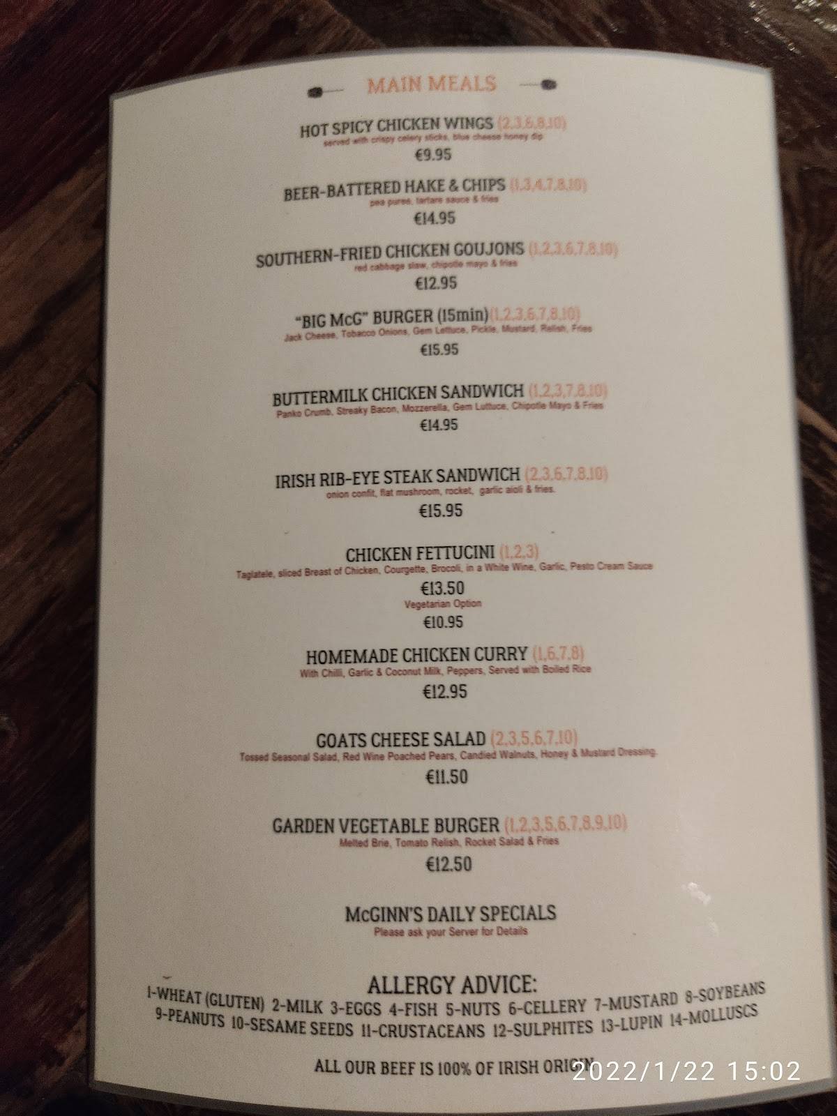 Menu at McGinn's Hop House pub & bar, Galway
