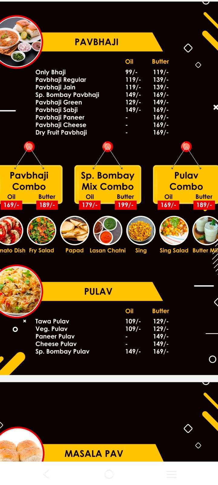 Menu at Bombay Pavbhaji (Vallabhipur Wala) Kudasan, Gandhinagar