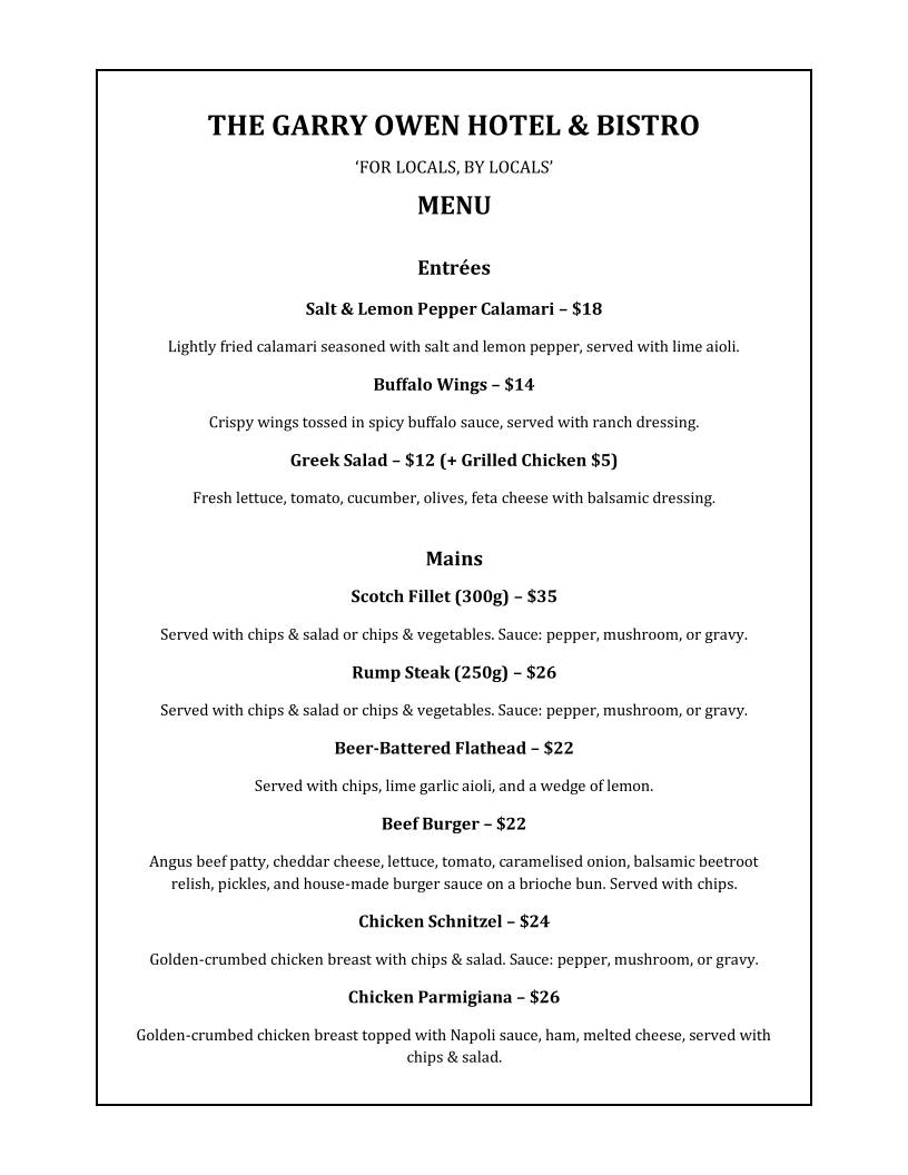 Menu at Garry Owen Hotel pub & bar, Rozelle