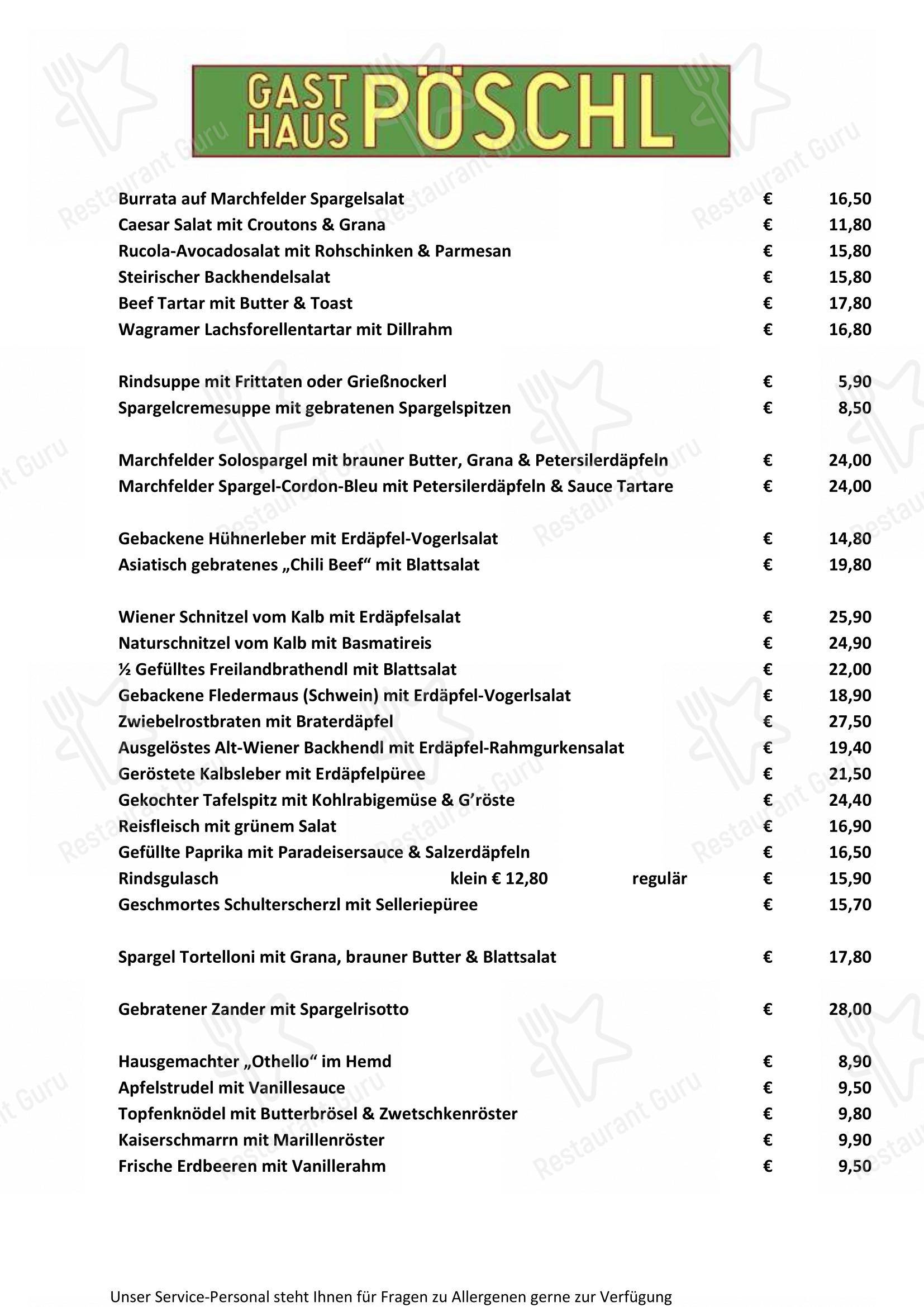 Menu at Gasthaus Pöschl restaurant, Vienna