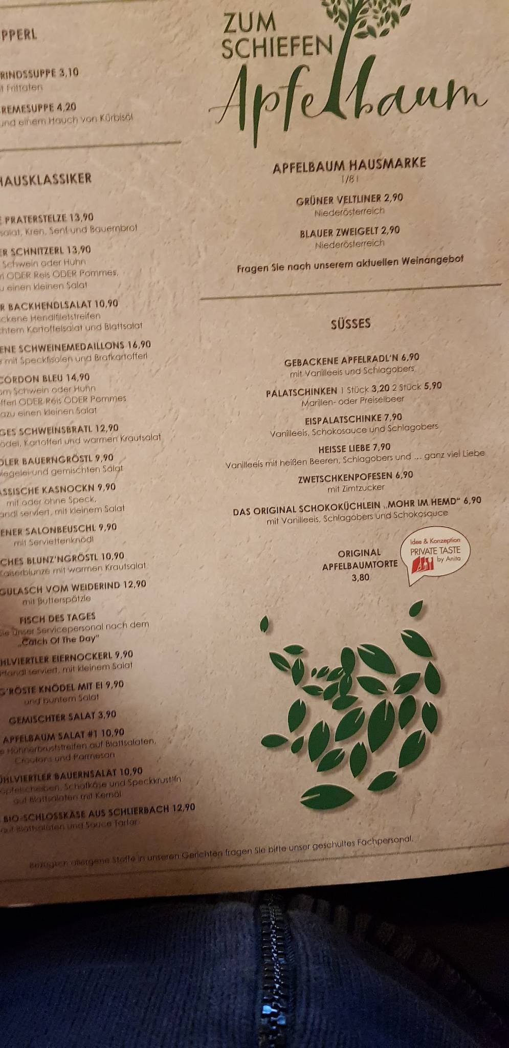 Speisekarte von Gasthaus Zum Schiefen Apfelbaum restaurant, Linz