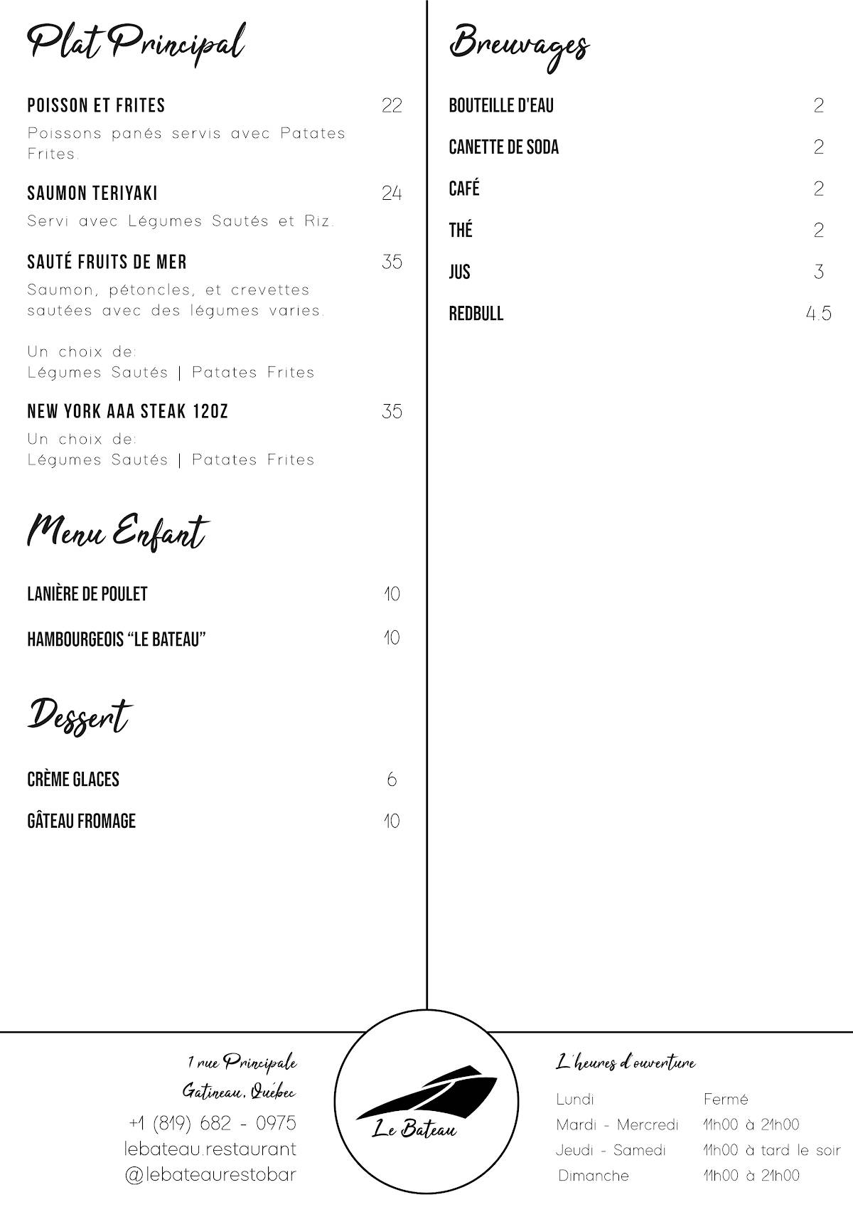 Menu at Restaurant Bar Le Bateau Marina D'aylmer, Gatineau