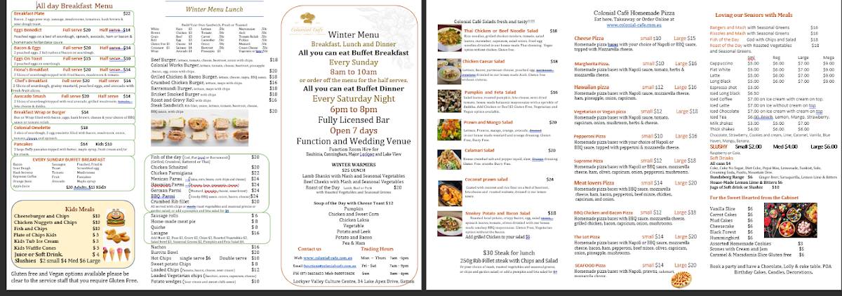 Menu at Colonial cafe, Gatton