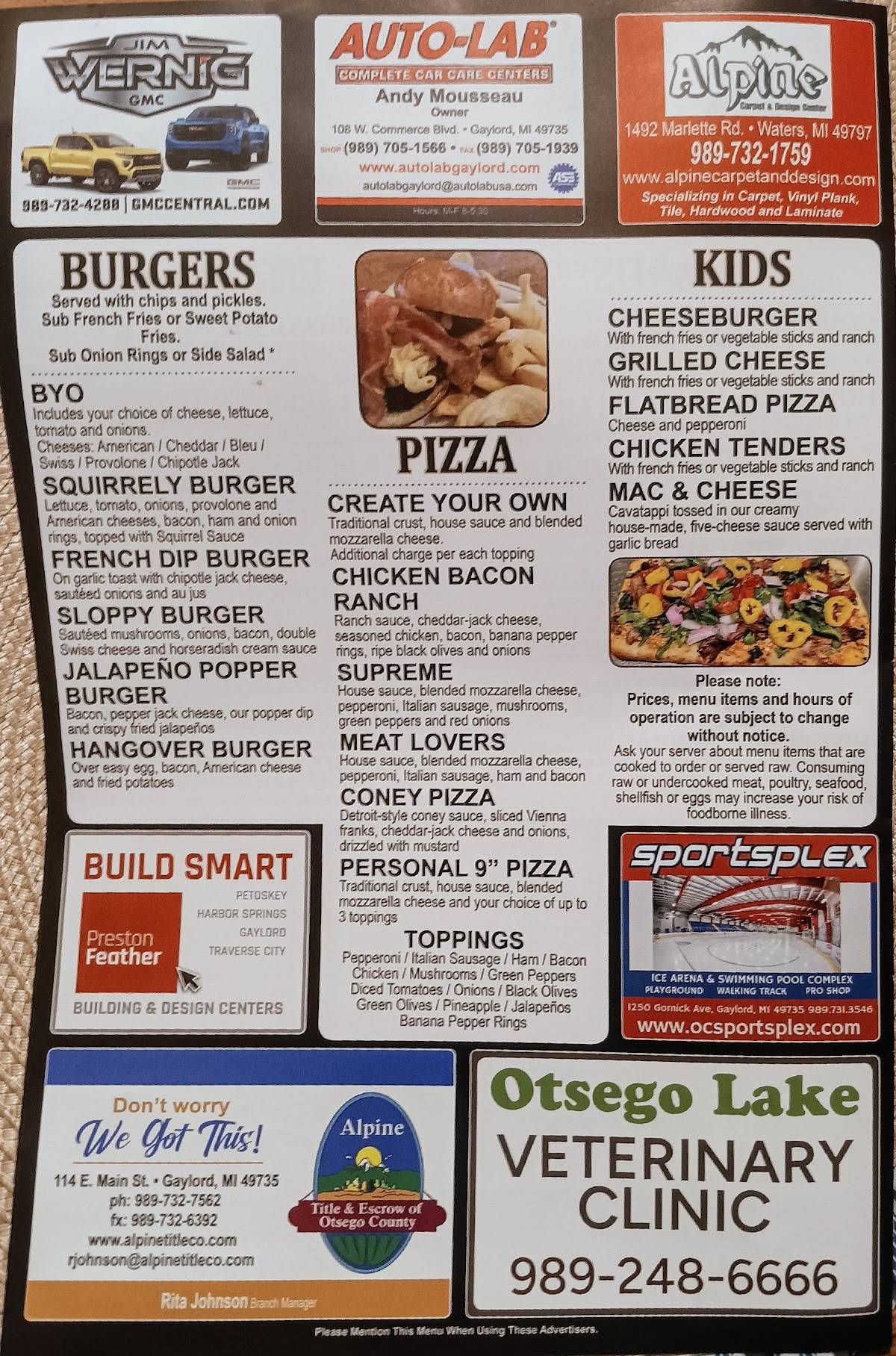 Menu at The Pine Squirrel Bar & Grill, Gaylord, S Otsego Ave
