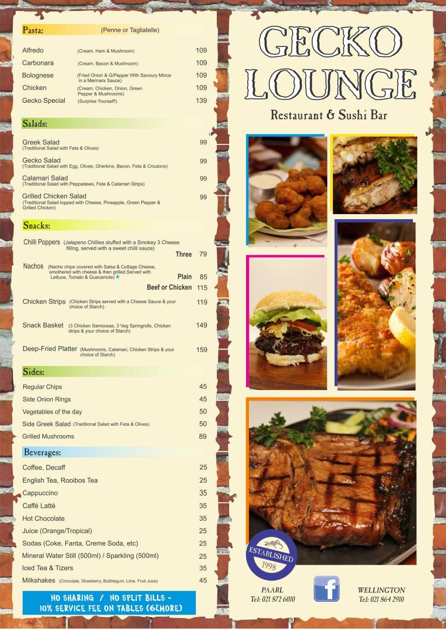 Menu at Gecko Lounge Paarl restaurant, Paarl, 25 Lady Grey St