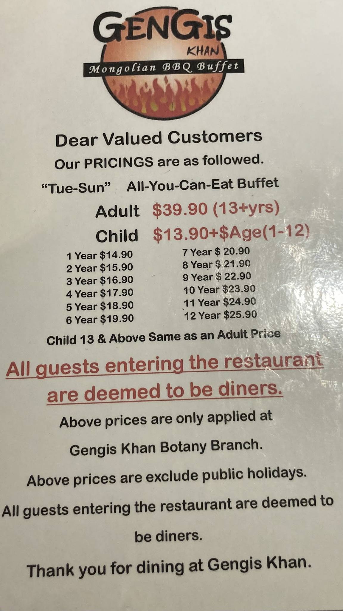 Menu at Genghis Khan restaurant, Auckland, 317 Ti Rakau Dr