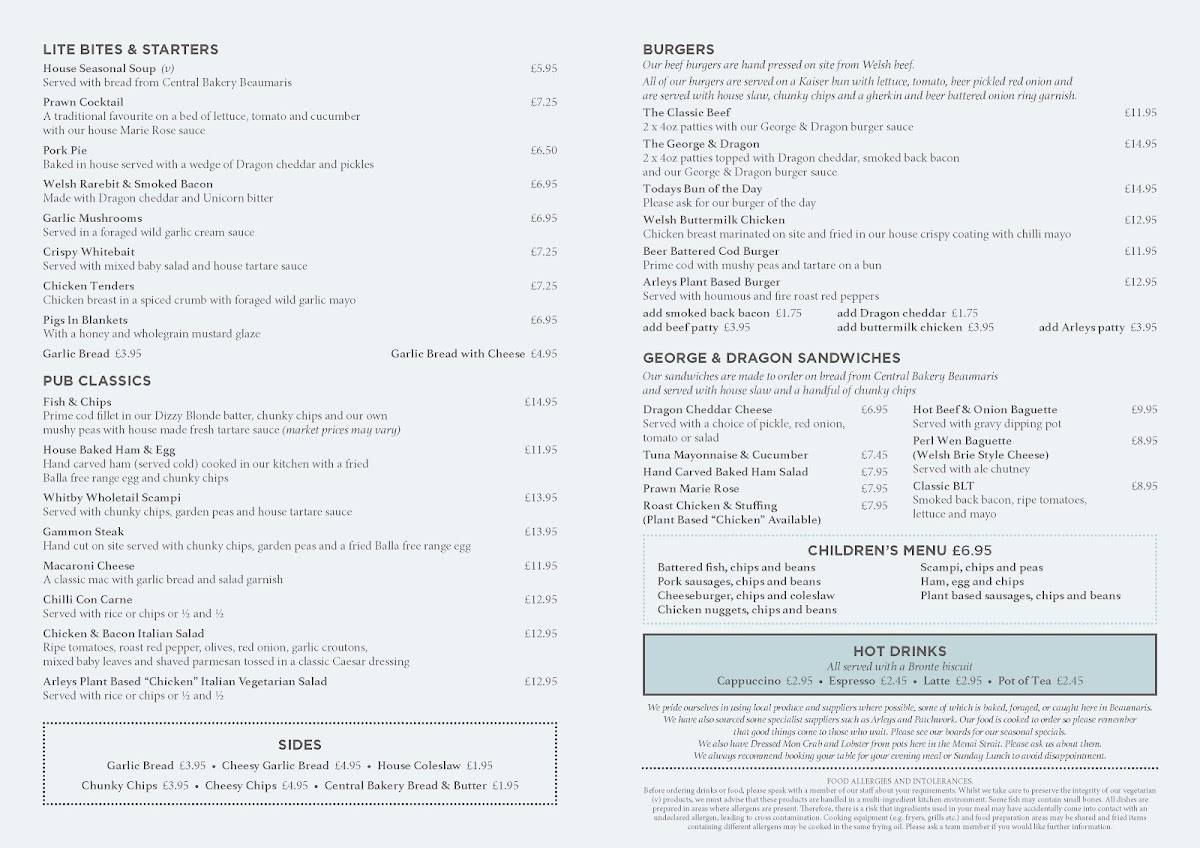 Menu at George & Dragon, Beaumaris pub & bar, Beaumaris