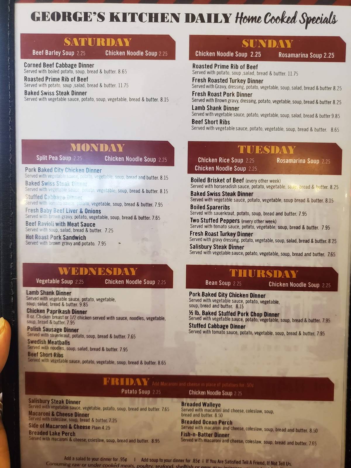 Menu at George's Kitchen restaurant, Cleveland