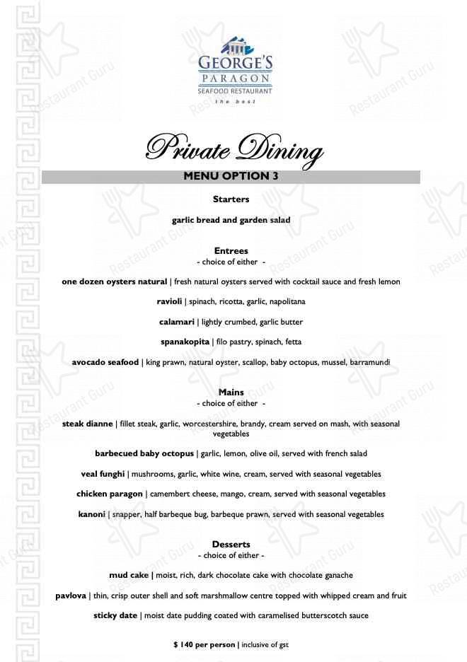 Menu at George's Paragon Seafood Restaurant, Brisbane City
