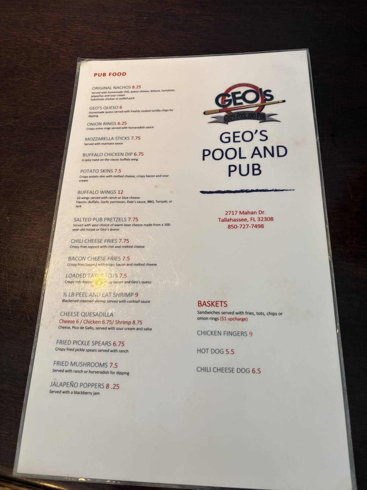 Menu at Geo's Pool And Pub, Tallahassee, 2717 Mahan Dr
