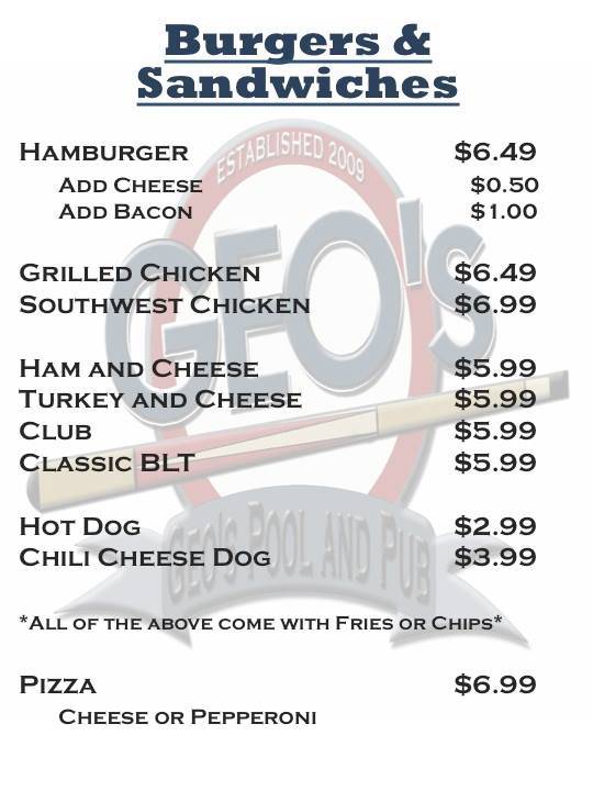 Menu at Geo's Pool And Pub, Tallahassee, 2717 Mahan Dr