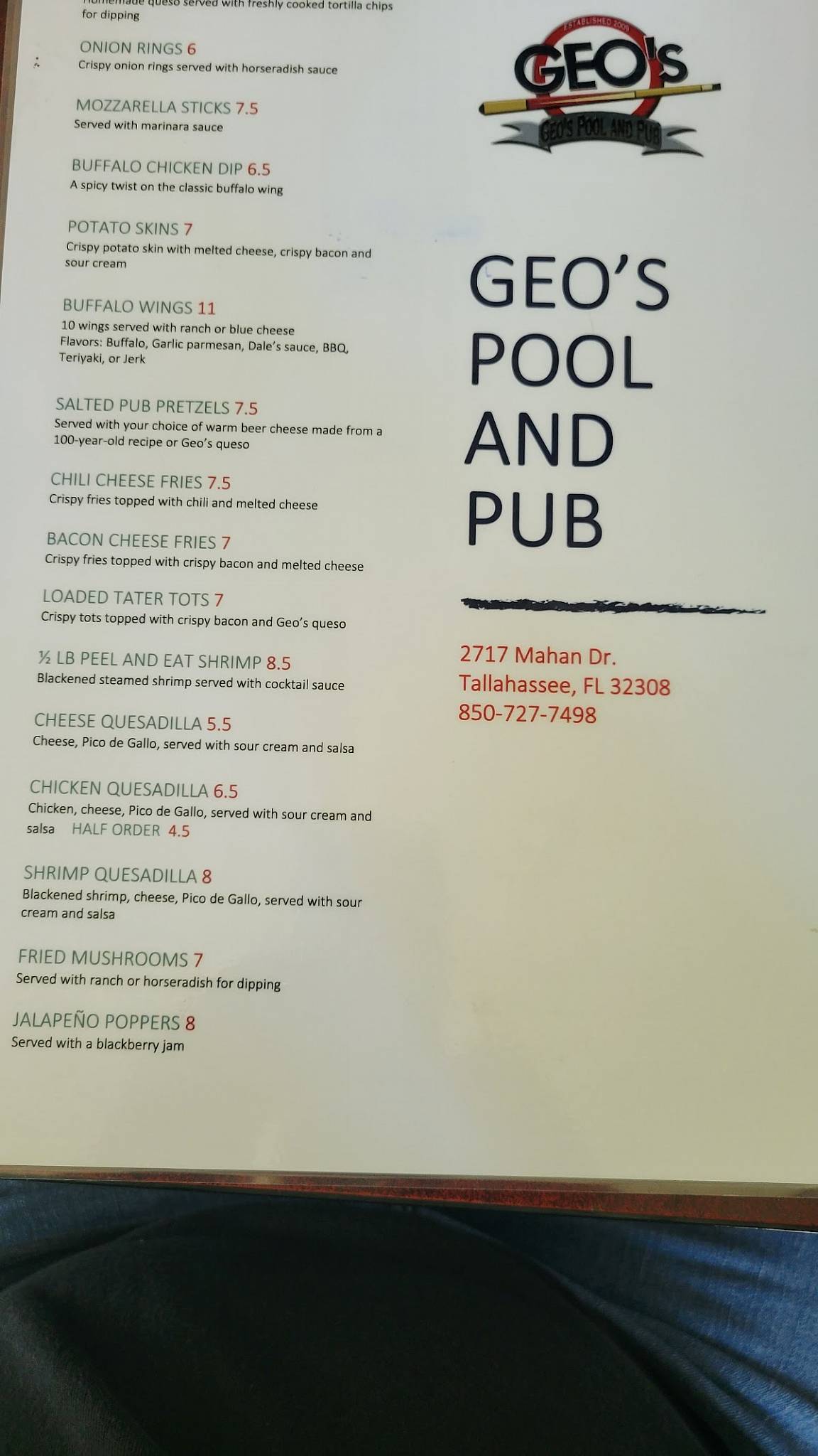 Menu at Geo's Pool And Pub, Tallahassee, 2717 Mahan Dr