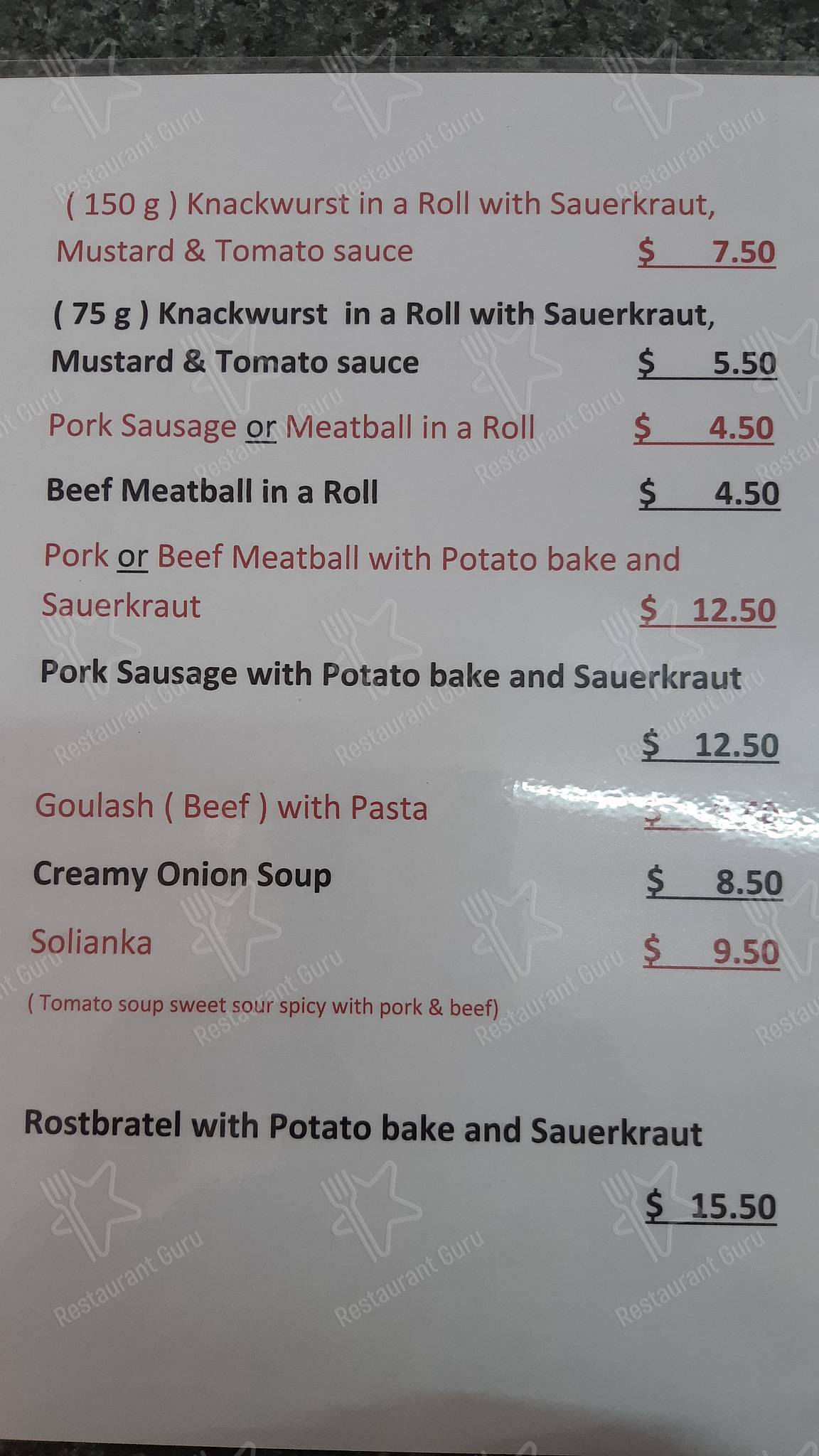 Carta del café German Bake and Wurst House, Helidon