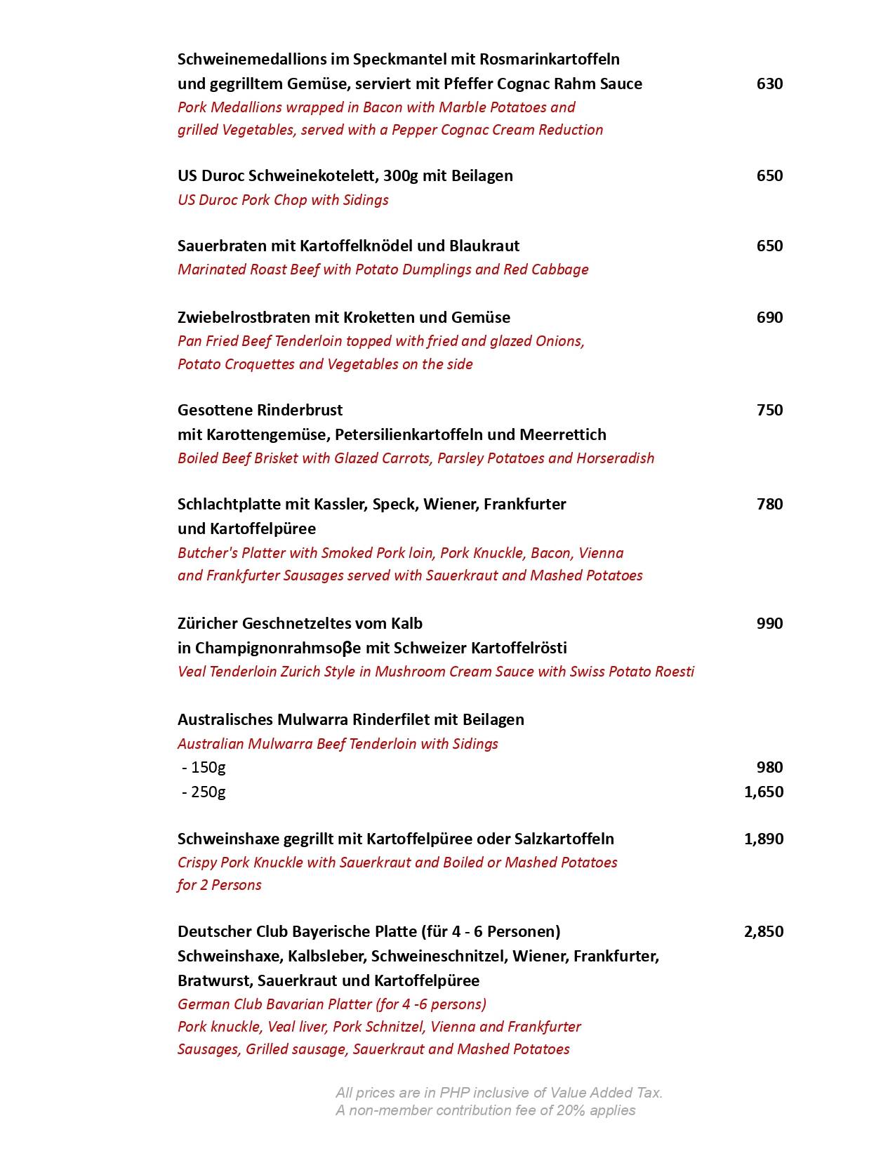 Menu at German Club, Makati