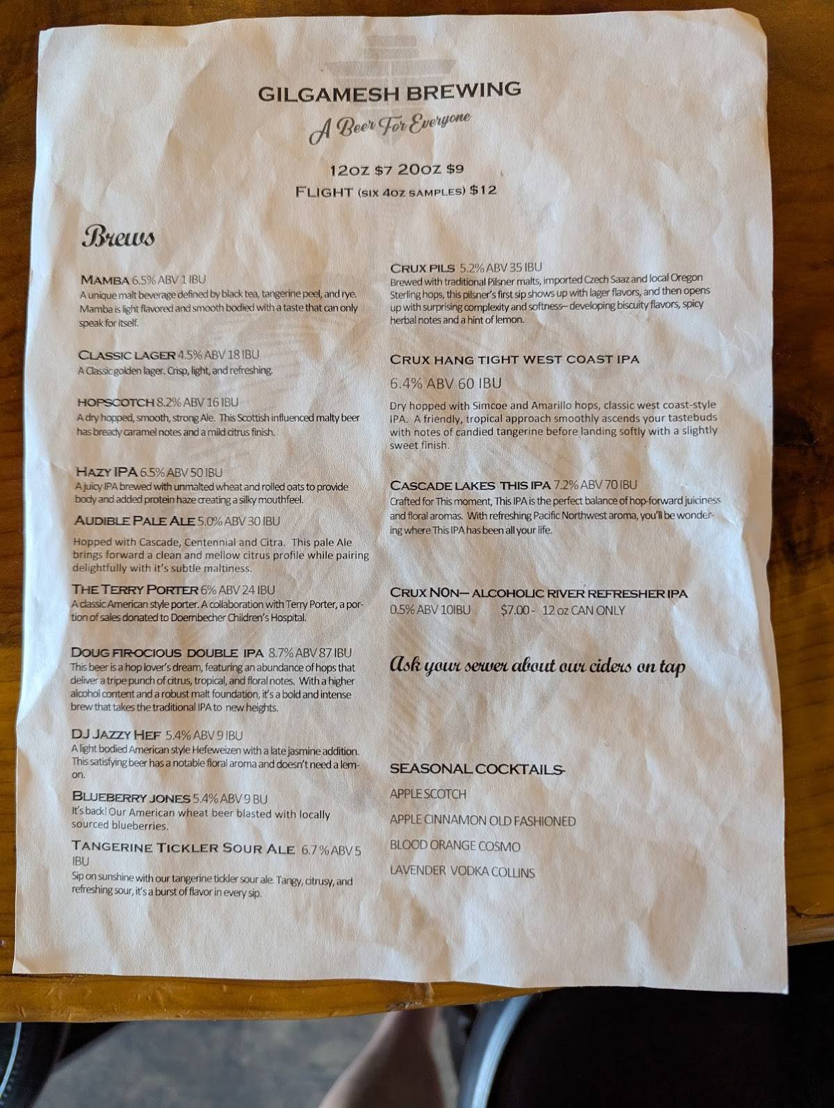 Menu at Gilgamesh Brewing: The River pub & bar, Independence