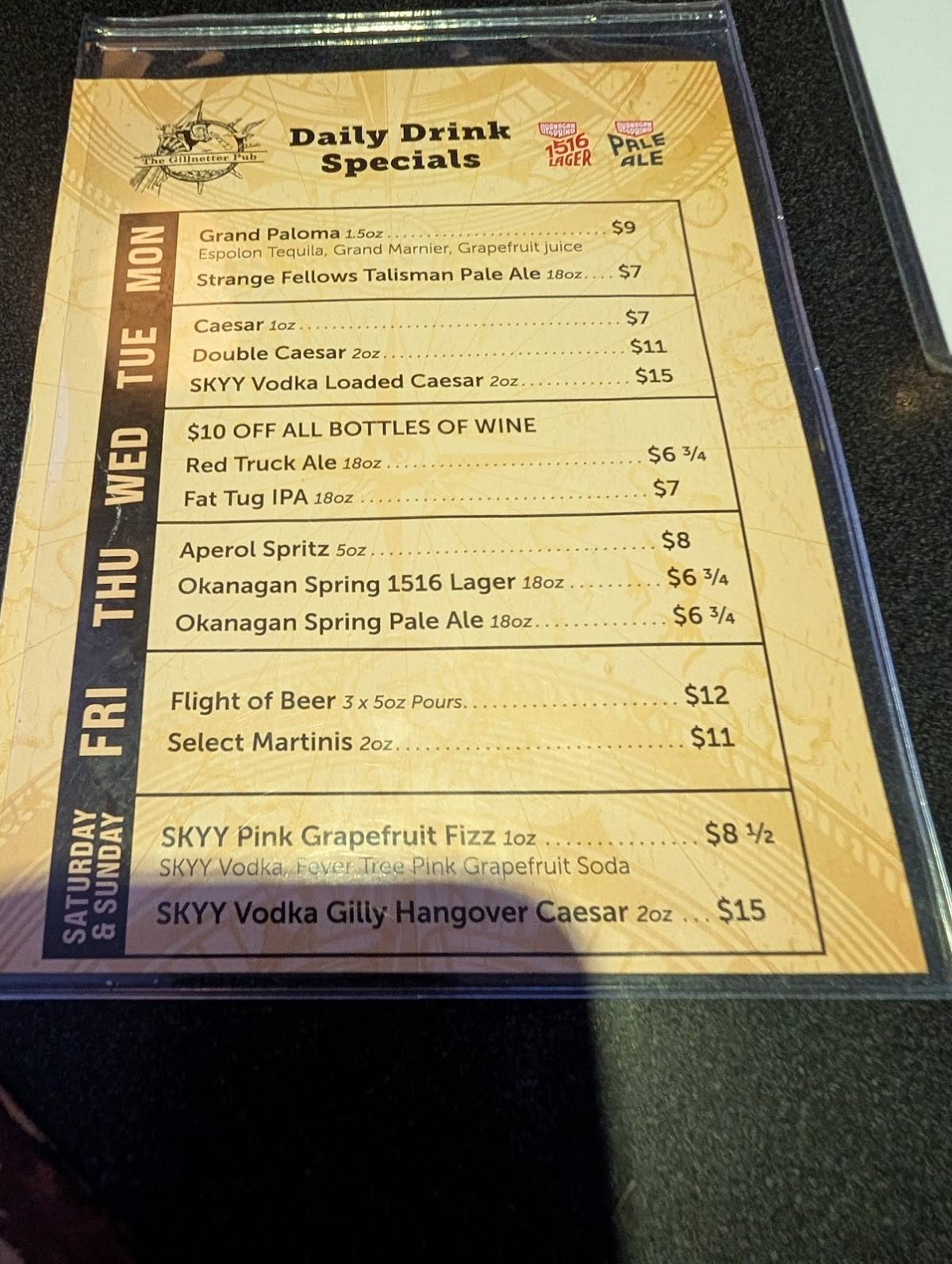 Menu at Gillnetter Pub, Port Coquitlam, Argue St