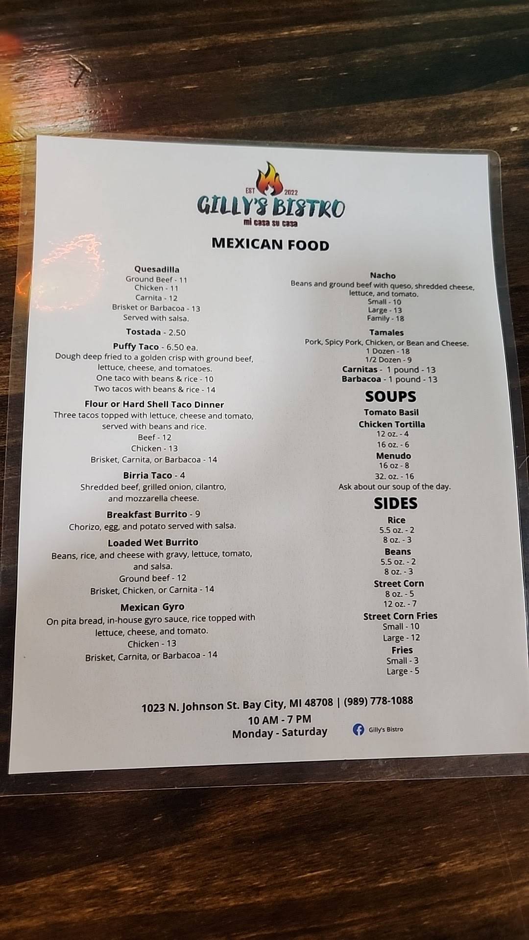 Menu at Gilly's Bistro restaurant, Bay City