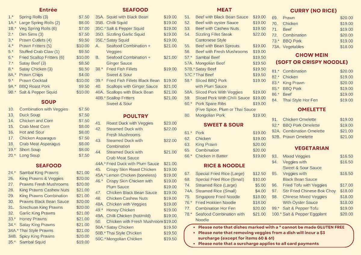 Menu at Ginling Chinese Restaurant, South Plympton