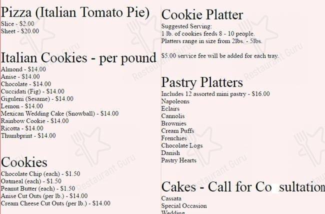 Carta de Gino's Italian Bakery, Clarence
