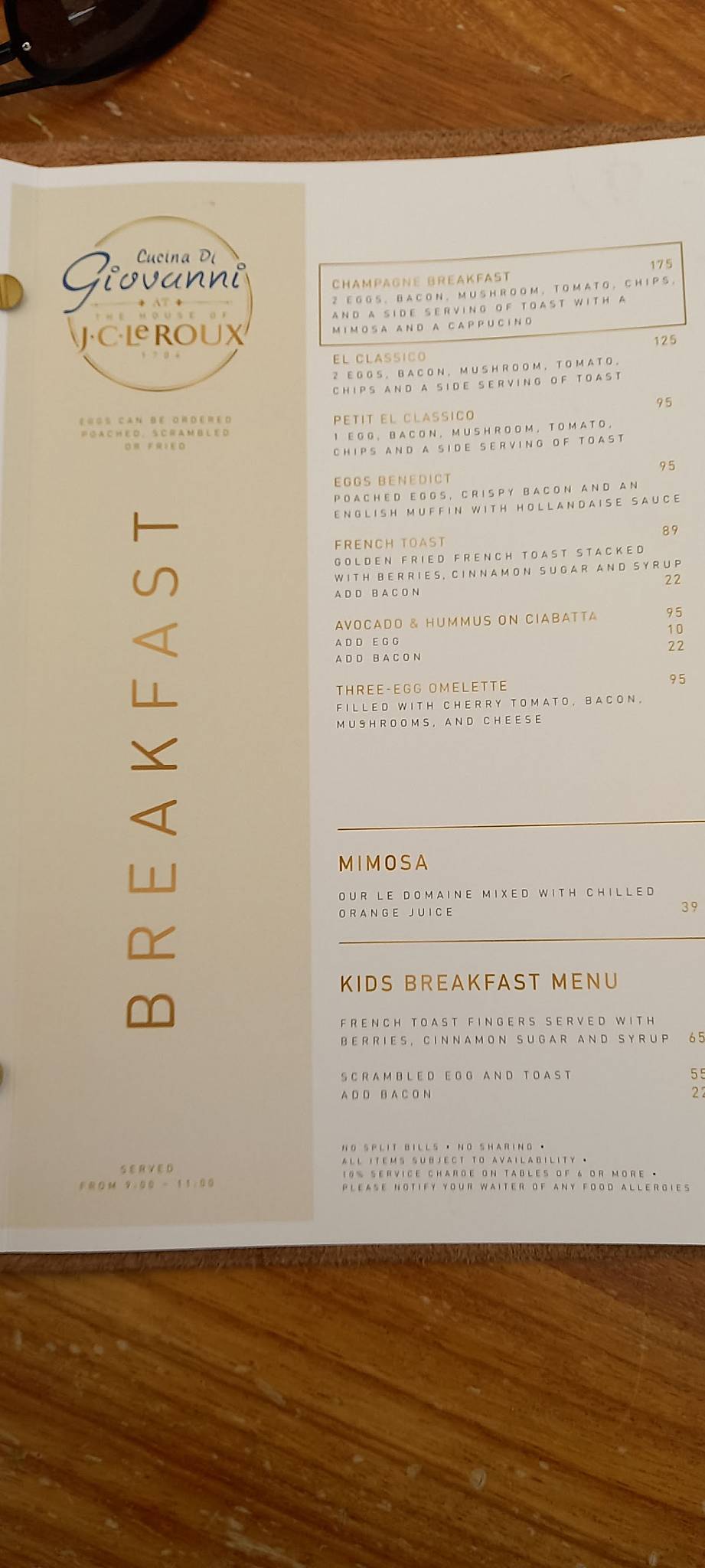 Menu at Giovannis Restaurant at the House of J.C. Le Roux, Stellenbosch