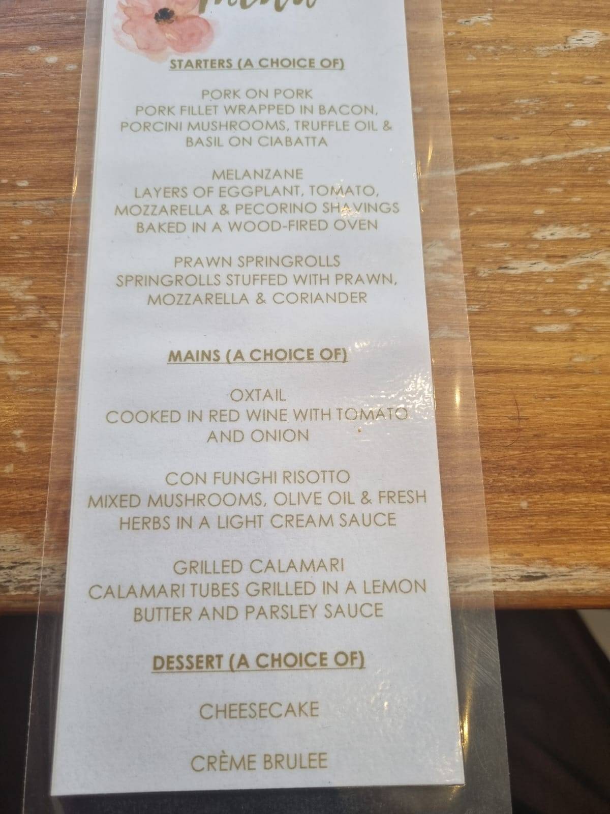 Menu at Giovannis Restaurant at the House of J.C. Le Roux, Stellenbosch