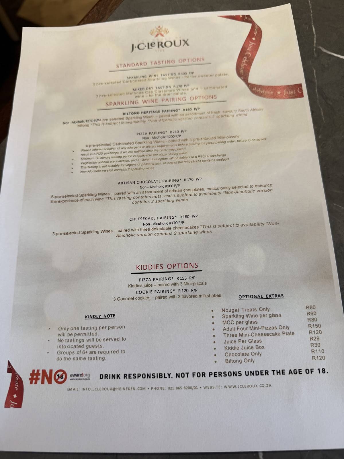 Menu at Giovannis Restaurant at the House of J.C. Le Roux, Stellenbosch