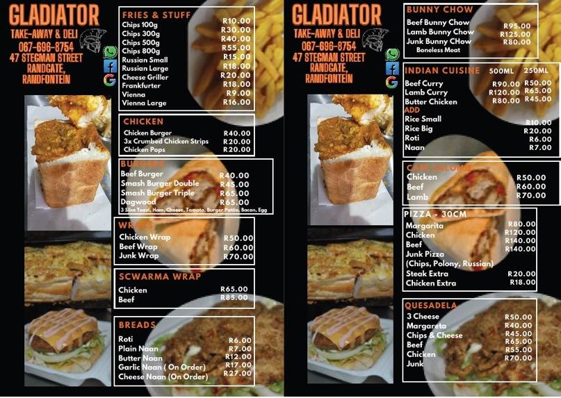Menu at Gladiator take away & deli restaurant, Randfontein