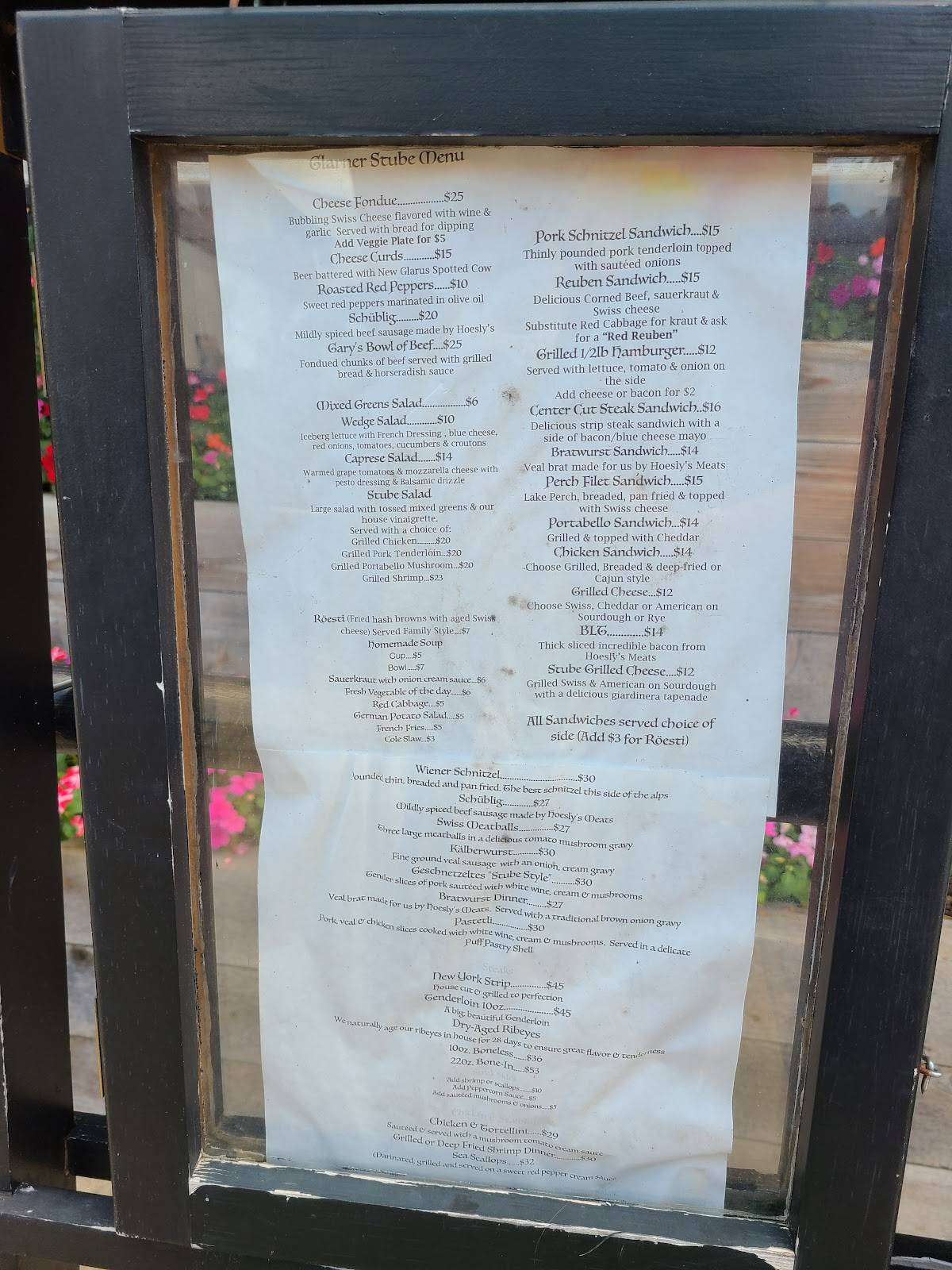 Menu at Glarner Stube restaurant, New Glarus