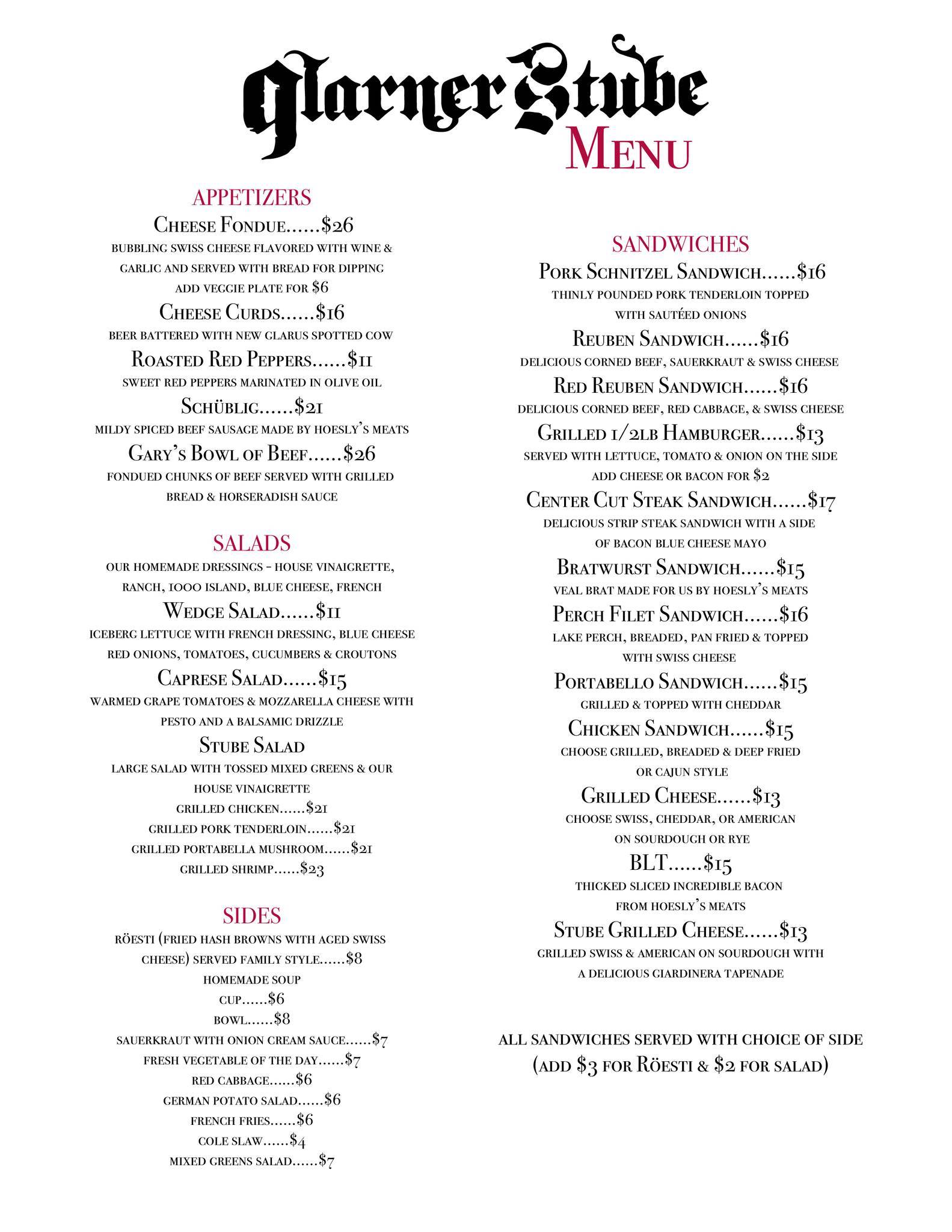 Menu at Glarner Stube restaurant, New Glarus