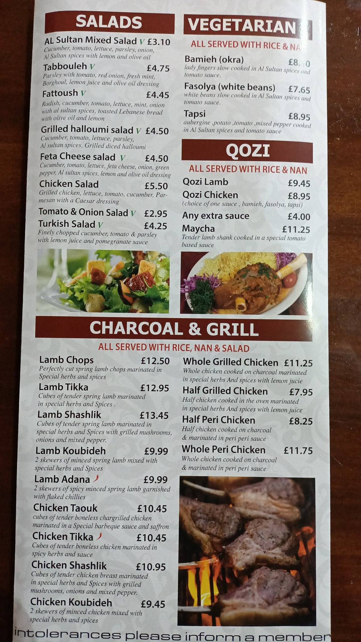 Menu at Al Sultan restaurant, Glasgow
