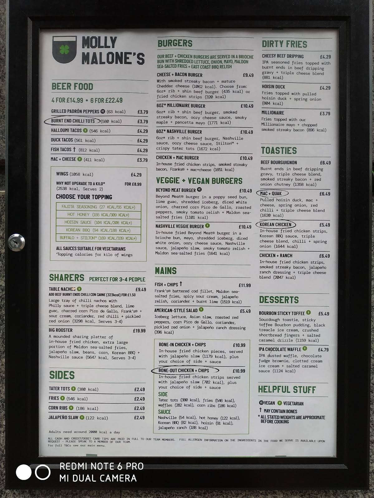 Menu at Molly Malone's pub & bar, Glasgow
