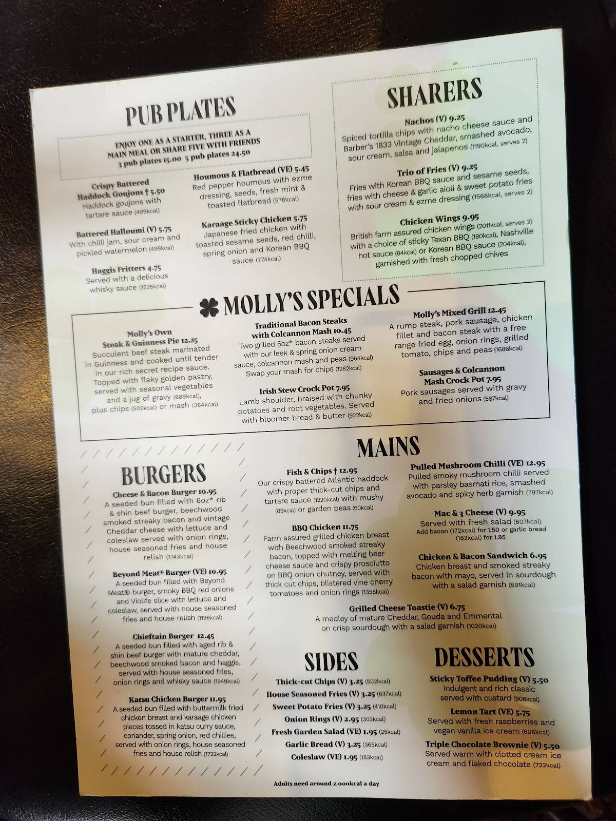 Menu at Molly Malone's pub & bar, Glasgow