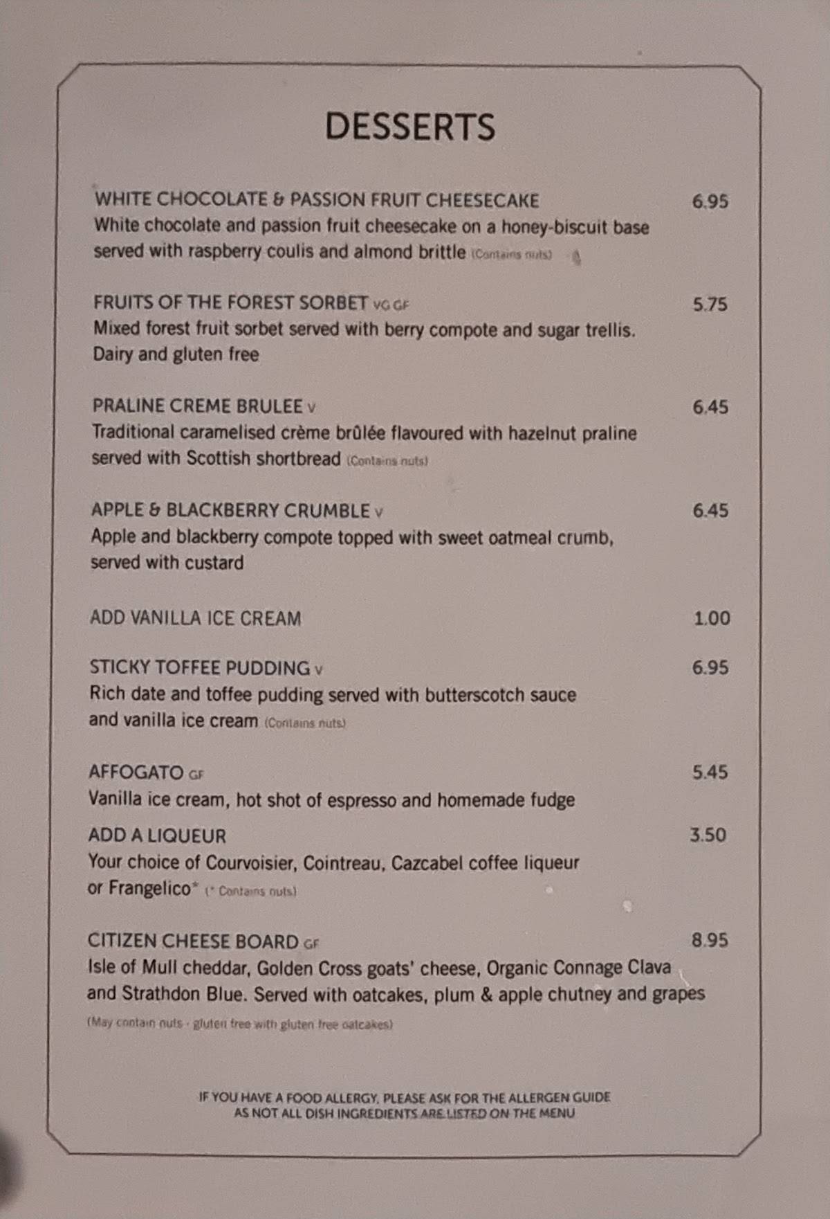 Menu at The Citizen Glasgow restaurant, Glasgow