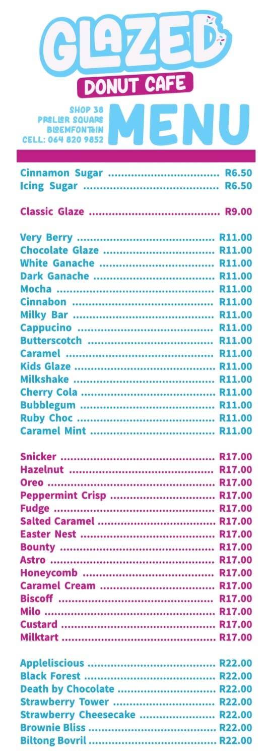 Menu at Glazed donut café, Bloemfontein
