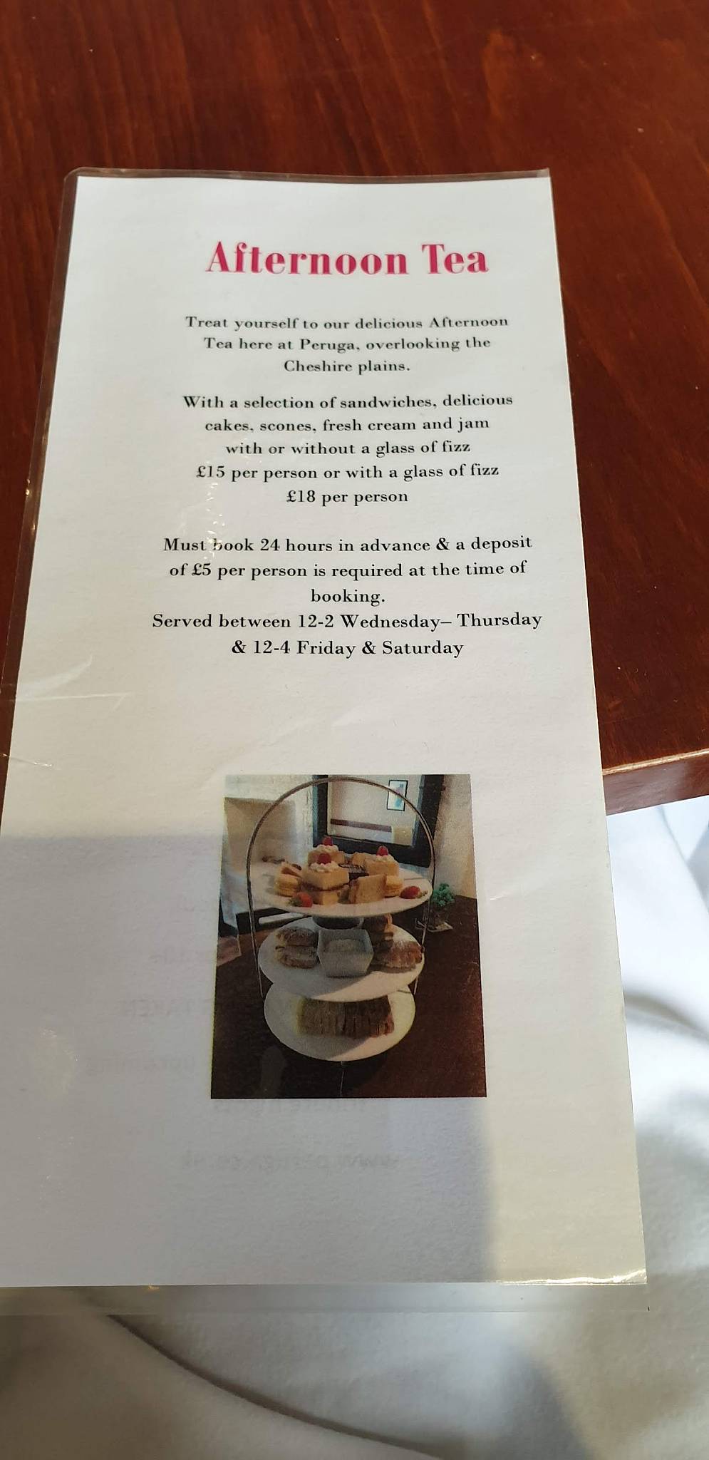 Menu at Peruga At Woodheys restaurant, Mellor