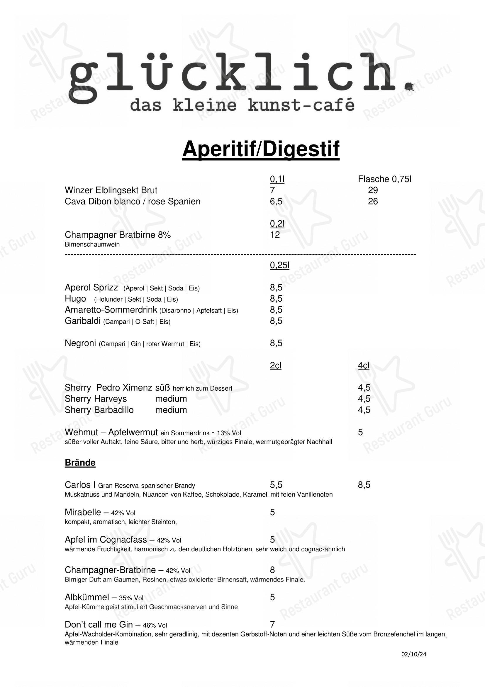Speisekarte von Glücklich, das kleine Kunst-Café und Tapas-Restaurant ...