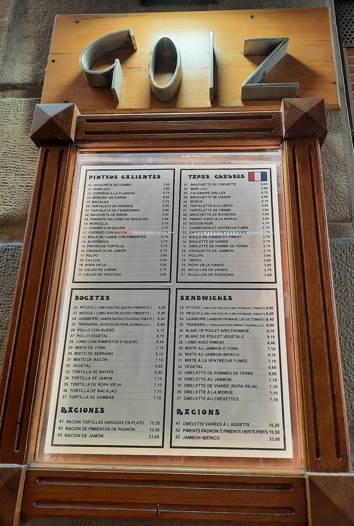 Carta del pub y bar Goiz-Argi, San Sebastián