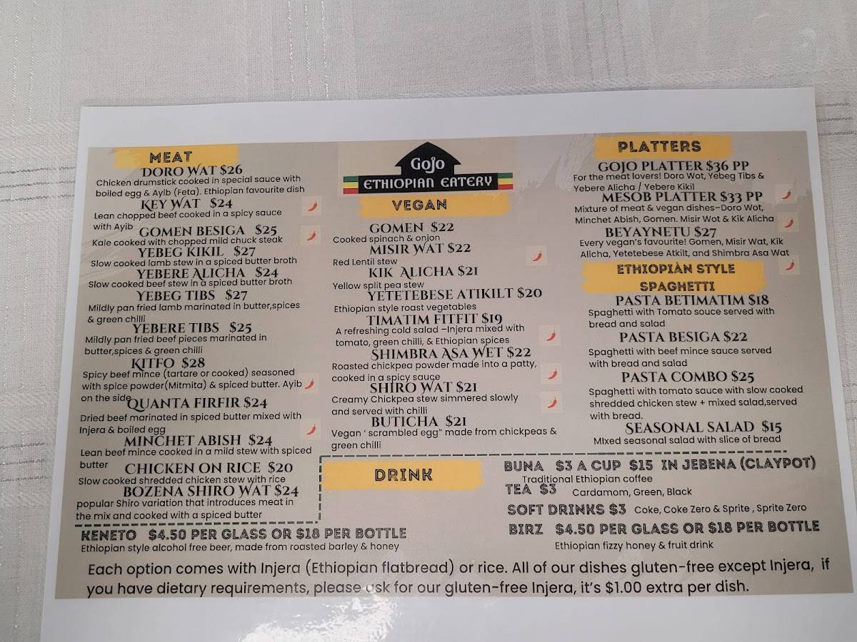 Menu at Gojo Ethiopian Eatery restaurant, Auckland