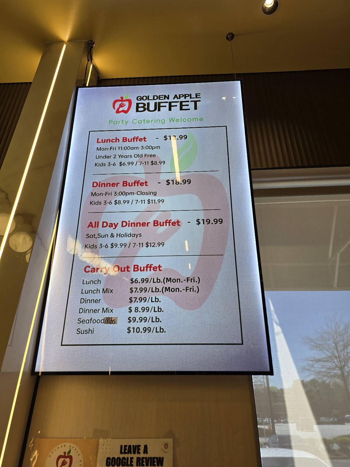 Menu at Golden Apple Buffet restaurant, Snellville