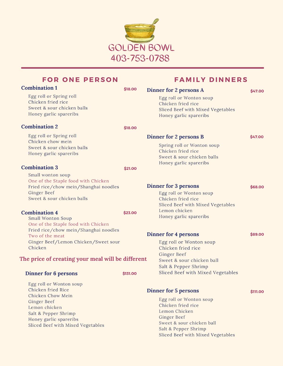 Menu at Golden Bowl restaurant, Crowsnest Pass
