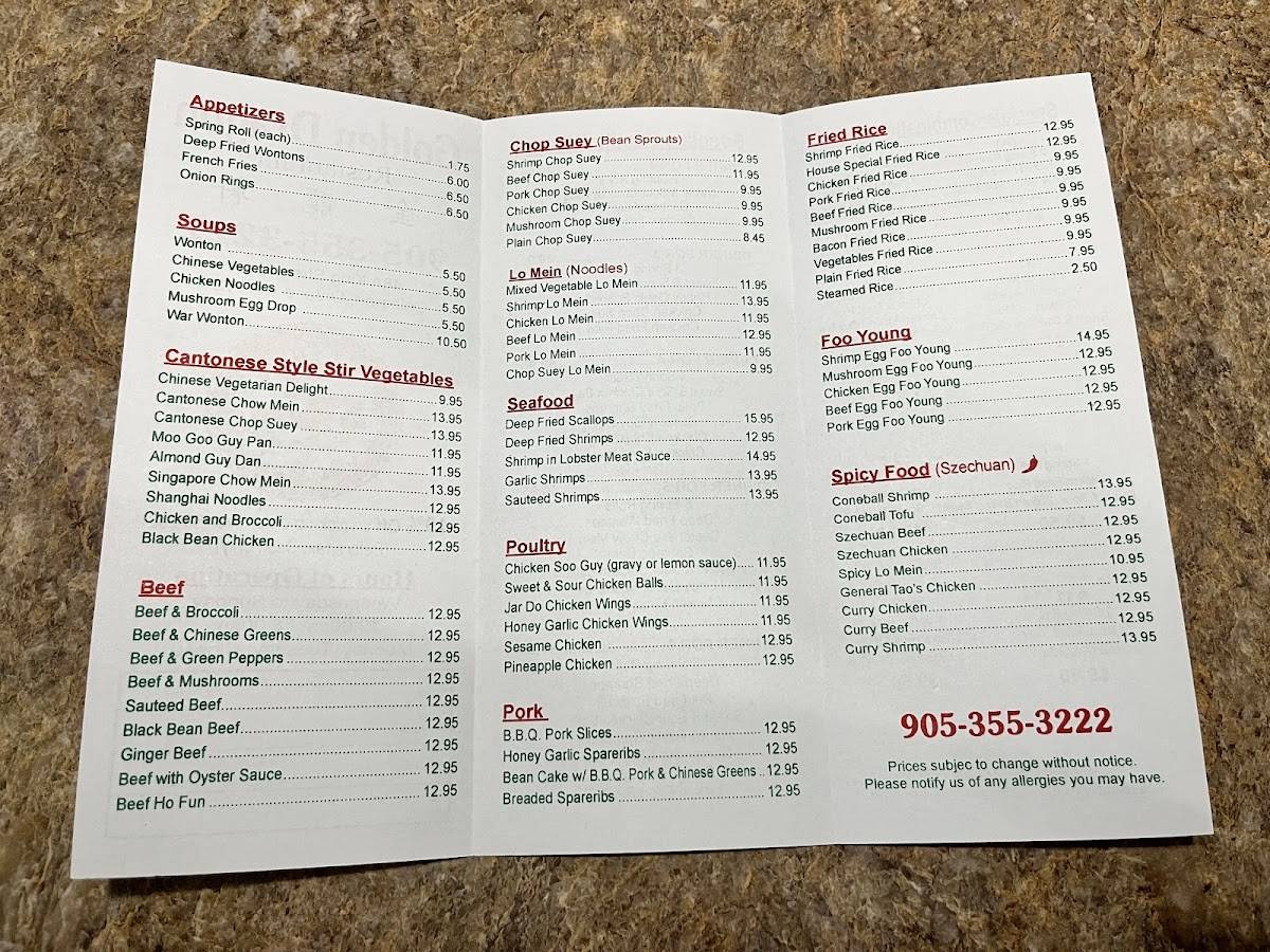 Menu at Golden Dragon Restaurant, Colborne