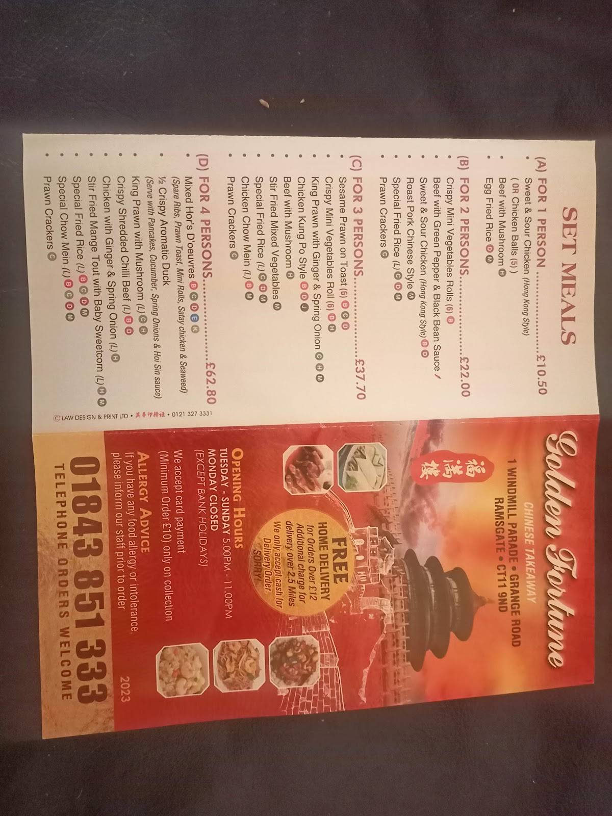 Menu at Golden Fortune restaurant, Ramsgate