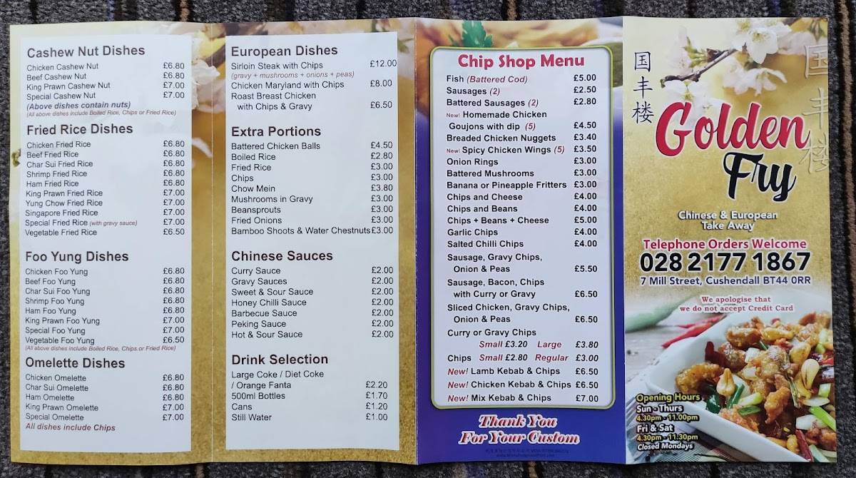 Menu at Golden Fry restaurant, Cushendall, 7 Mill St